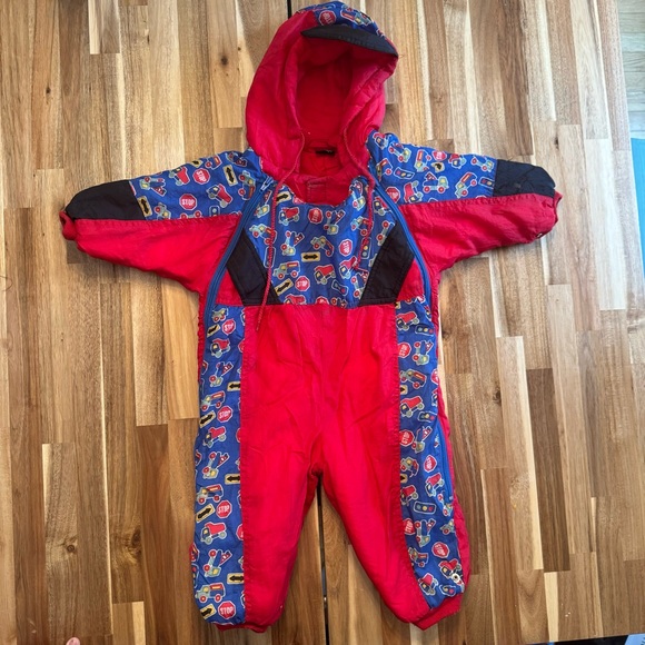 Other | Vintage Snowsuit Unisex Boy Red Blue And Vehicle Themed ...